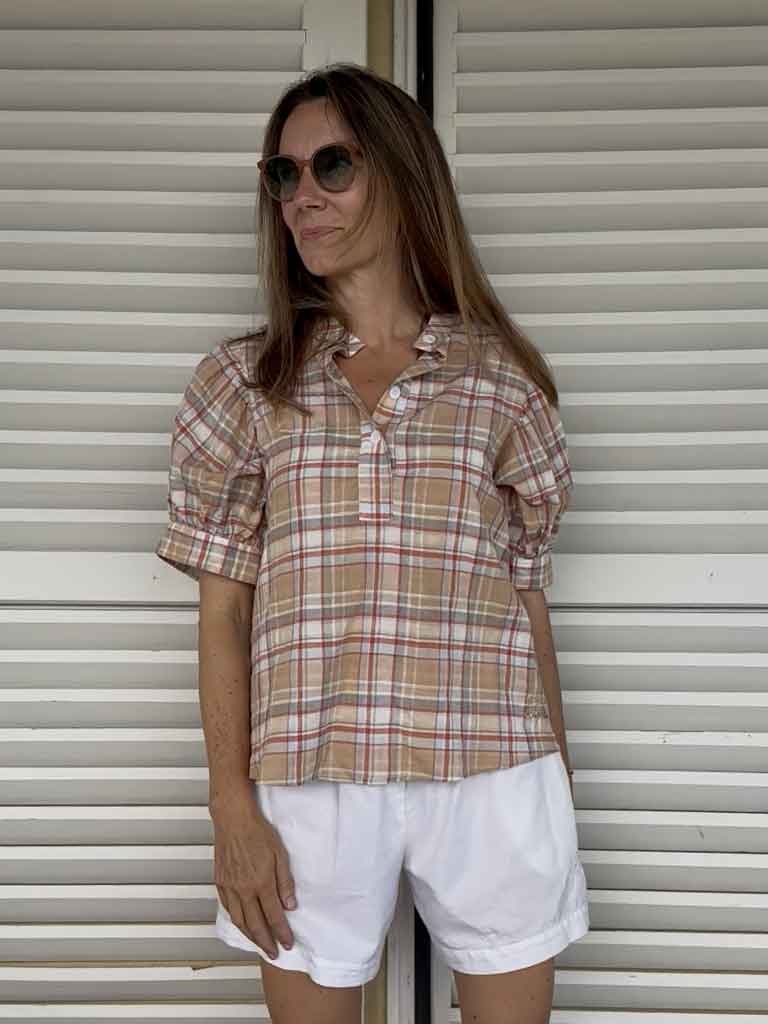 Ava Beige Check Shirt with Puff Sleeve